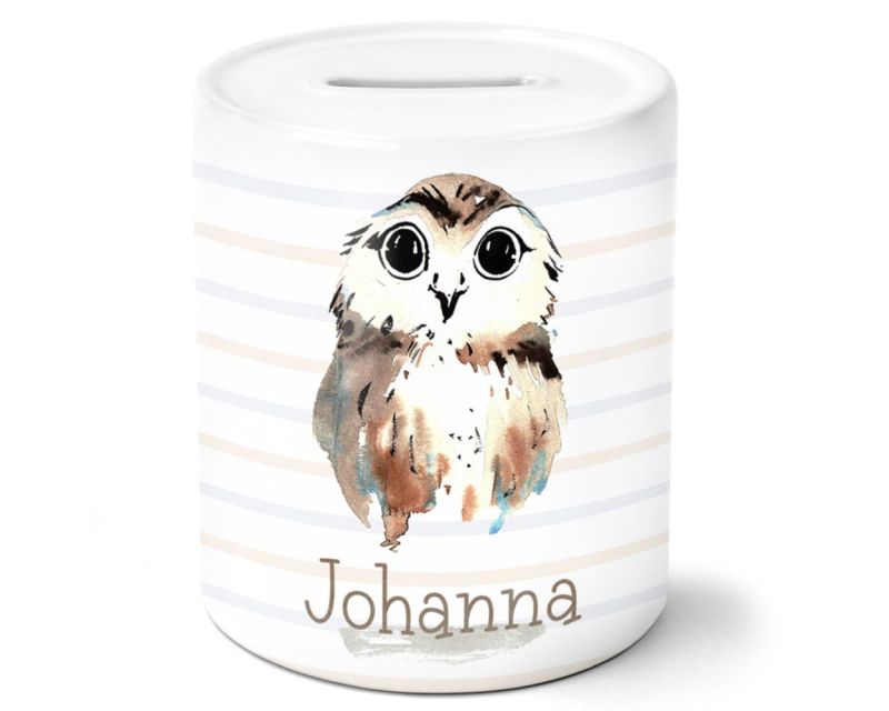 Christliche Keramik Spardose für Kinder mit Namen Tiere Motiv Eule „Kraft“
